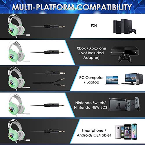 PS4 Headset Xbox One Headset Gaming Headset 3.5mm Stereo Wired Over-Head Gaming Headphone,RGB Rainbow Backlit,Headphone Stereo Surround Sound,Noise Canceling Microphone for PC,PS4,Xbox One(Green)