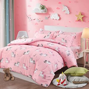 uozzi bedding bed in a bag 6 pieces twin size unicorn pink with rainbow star - soft microfiber, reversible bed comforter set (1 comforter, 2 pillow shams, 1 flat sheet, 1 fitted sheet, 1 pillowcases)