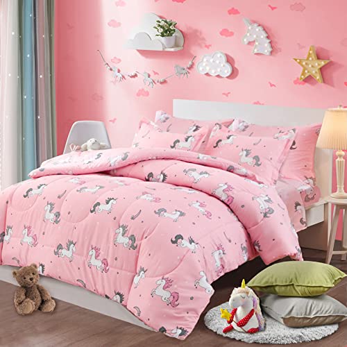 UOZZI BEDDING Bed in a Bag 6 Pieces Twin Size Unicorn Pink with Rainbow Star - Soft Microfiber, Reversible Bed Comforter Set (1 Comforter, 2 Pillow Shams, 1 Flat Sheet, 1 Fitted Sheet, 1 Pillowcases)