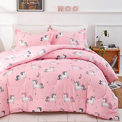 UOZZI BEDDING Bed in a Bag 6 Pieces Twin Size Unicorn Pink with Rainbow Star - Soft Microfiber, Reversible Bed Comforter Set (1 Comforter, 2 Pillow Shams, 1 Flat Sheet, 1 Fitted Sheet, 1 Pillowcases)