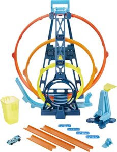 hot wheels track builder playset triple loop kit, multiple configurations, connects to other sets, 1:64 scale toy car