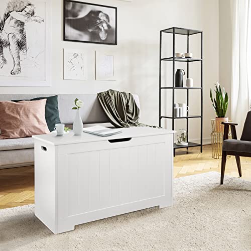 JungleA 30 Inch Toy Chest Wooden Storage Bench 150L Toy Box Blanket Chests Trunks Foot Rest Seat for Bedroom Living Room Entry White