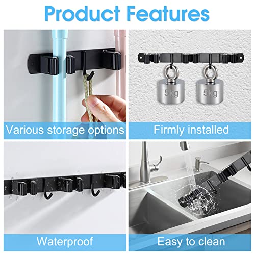 Huryfox Mop and Broom Holder Wall Mounted - Sturdy Stainless Steel Rack with Utility Hooks, Adjustable Design and Multiple Storage Organizer Options, Perfect for Garage, Kitchen, Laundry, and Bathroom