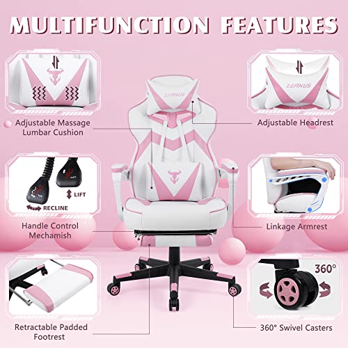 Zeanus Pink Gaming Chair, PC Gaming Chair for Girls, Reclining Computer Chair with Footrest, Ergonomic Gaming Computer Chair with Massage, Gaming Chair for Women, High Back Gaming Chairs for Adults