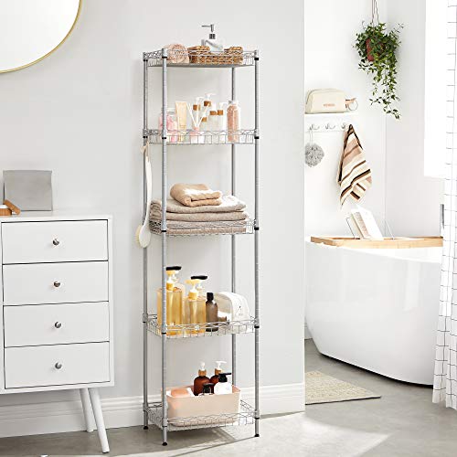 SONGMICS Metal Storage Shelves, 5-Tier Wire Shelving Unit, Kitchen Rack, Adjustable Shelves, 4 Hooks, Shelf Liners, 11.8 x 15.7 x 59.1 Inches, Total Load Capacity 220 lb, for Garage, Silver ULGR105E01