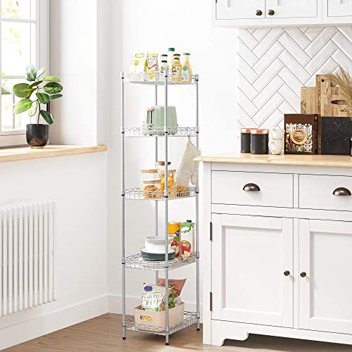 SONGMICS Metal Storage Shelves, 5-Tier Wire Shelving Unit, Kitchen Rack, Adjustable Shelves, 4 Hooks, Shelf Liners, 11.8 x 15.7 x 59.1 Inches, Total Load Capacity 220 lb, for Garage, Silver ULGR105E01