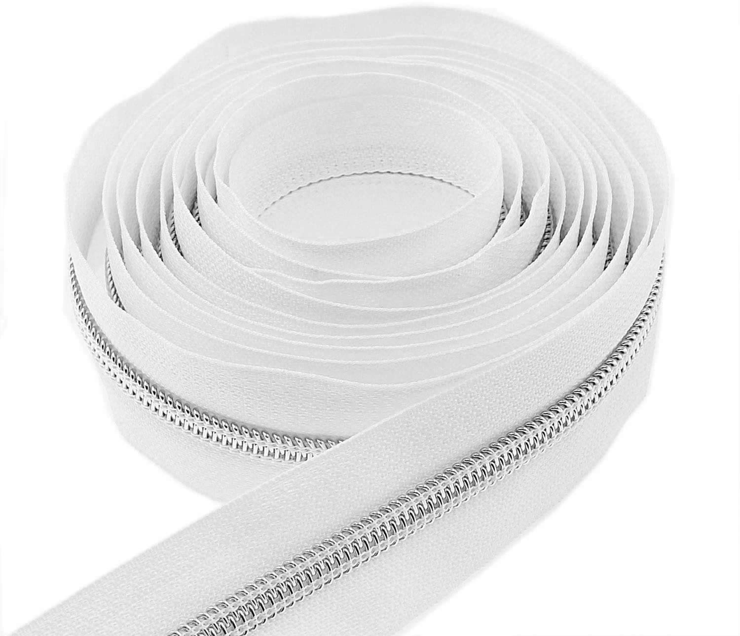 SBest Nylon Zippers #5 10 Yards Sewing Zippers Bulk DIY Zipper by The Yard Bulk with 20PCS Slider-Long Zippers for Tailor Sewing Crafts Bag (Silver Teeth White Tape)