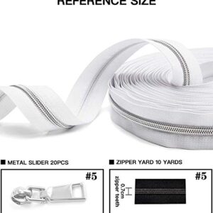 SBest Nylon Zippers #5 10 Yards Sewing Zippers Bulk DIY Zipper by The Yard Bulk with 20PCS Slider-Long Zippers for Tailor Sewing Crafts Bag (Silver Teeth White Tape)