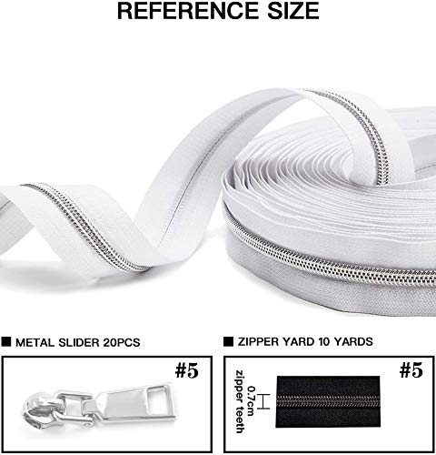 SBest Nylon Zippers #5 10 Yards Sewing Zippers Bulk DIY Zipper by The Yard Bulk with 20PCS Slider-Long Zippers for Tailor Sewing Crafts Bag (Silver Teeth White Tape)