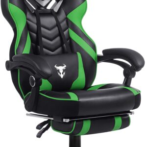 Green Gaming Chair, High Back Gamer Chair with Footrest, Recliner Computer Chair with Massage, Big and Tall Desk Chair for Gaming, Ergonomics Video Game Chair for Adults, Racing Gaming Chair for Teens