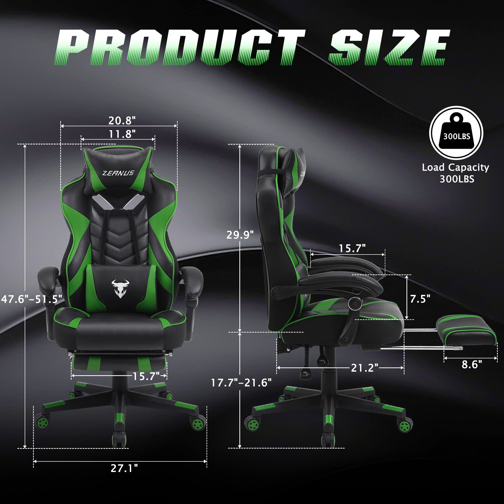 Green Gaming Chair, High Back Gamer Chair with Footrest, Recliner Computer Chair with Massage, Big and Tall Desk Chair for Gaming, Ergonomics Video Game Chair for Adults, Racing Gaming Chair for Teens