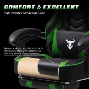 Green Gaming Chair, High Back Gamer Chair with Footrest, Recliner Computer Chair with Massage, Big and Tall Desk Chair for Gaming, Ergonomics Video Game Chair for Adults, Racing Gaming Chair for Teens