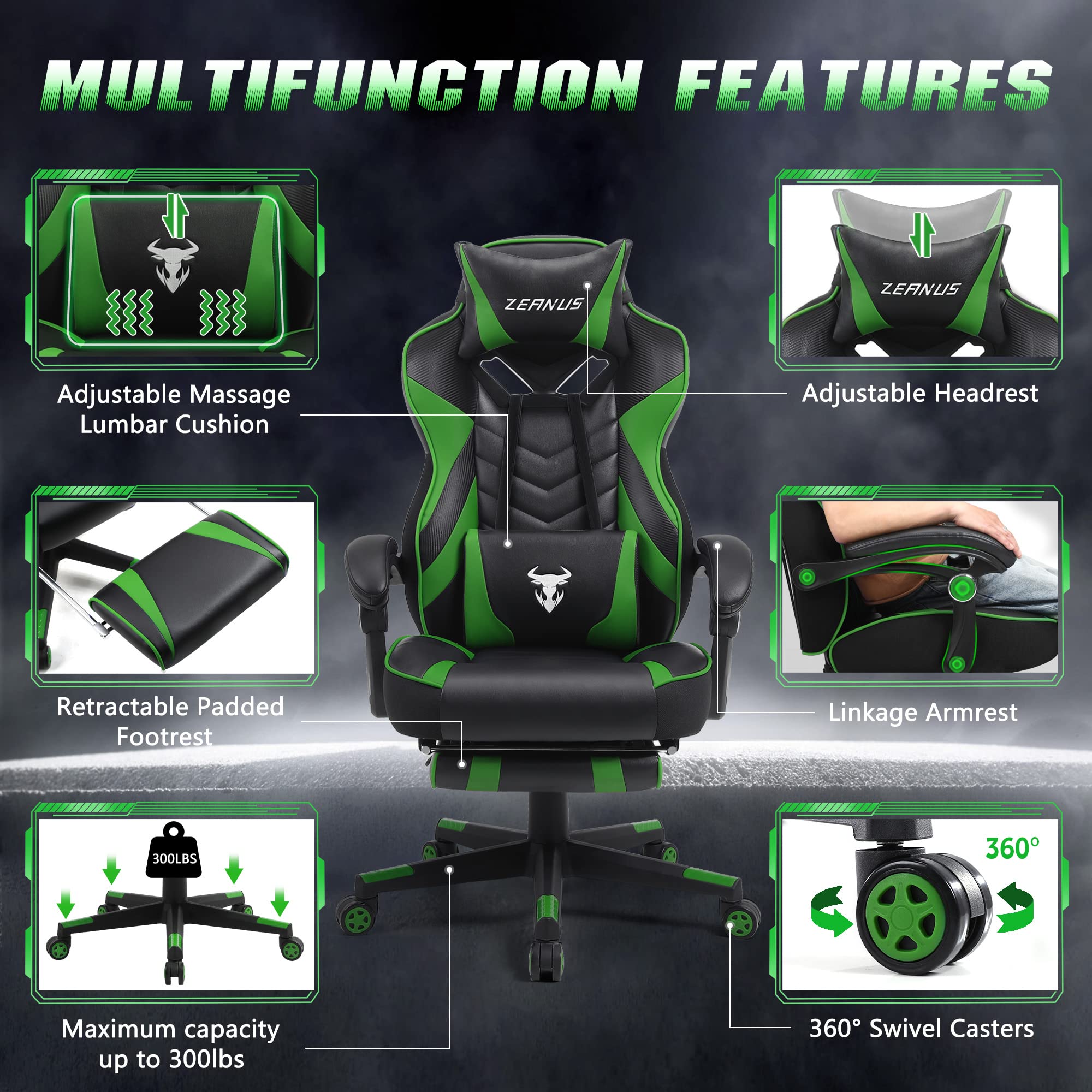 Green Gaming Chair, High Back Gamer Chair with Footrest, Recliner Computer Chair with Massage, Big and Tall Desk Chair for Gaming, Ergonomics Video Game Chair for Adults, Racing Gaming Chair for Teens