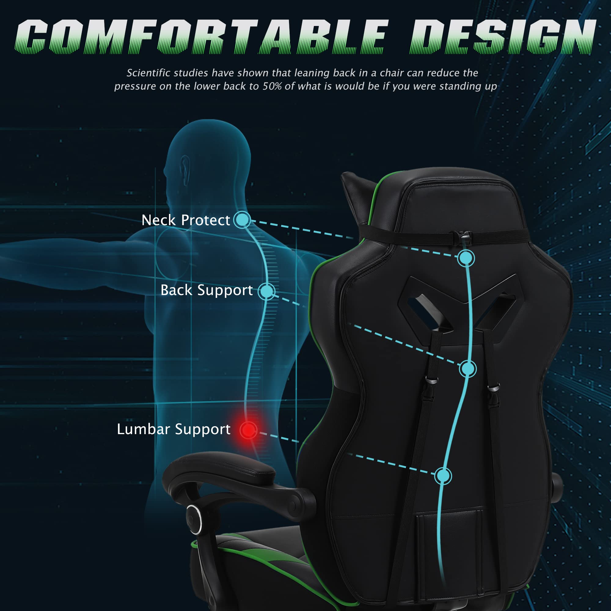 Green Gaming Chair, High Back Gamer Chair with Footrest, Recliner Computer Chair with Massage, Big and Tall Desk Chair for Gaming, Ergonomics Video Game Chair for Adults, Racing Gaming Chair for Teens