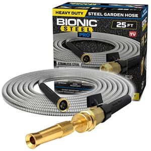 bionic steel pro garden hose - 304 stainless steel metal 25 foot garden hose – heavy duty lightweight, kink-free, and stronger than ever with brass fittings and on/off valve – 2023 model