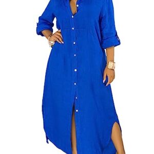 Women Button Down Roll up Sleeve Classic Boyfriend T Shirt Dresses Blue S