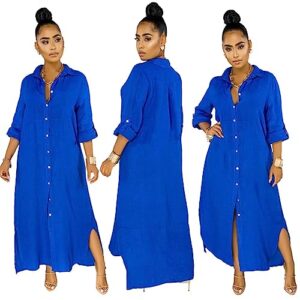 Women Button Down Roll up Sleeve Classic Boyfriend T Shirt Dresses Blue S