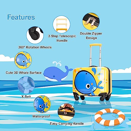 GinzaTravel 3D Little Whale Cute Children's Luggage Sit and Ride Trolley Case 18-inch Universal Wheel Travel Case for Boys and Girls