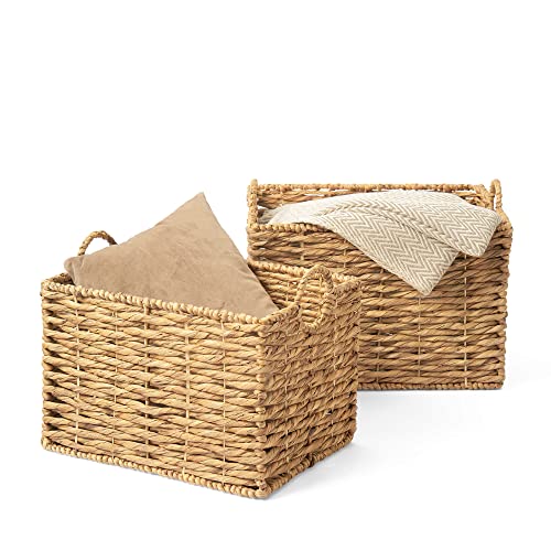 Artera Oversize Wicker Storage Basket - Set of 2, XL Natural Woven Floor Baskets for Blankets, Huge Rectangular Hyacinth Basket with Handles for Living Room, Bed Room & Laundry Room. (Water Hyacinth)