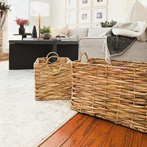 Artera Oversize Wicker Storage Basket - Set of 2, XL Natural Woven Floor Baskets for Blankets, Huge Rectangular Hyacinth Basket with Handles for Living Room, Bed Room & Laundry Room. (Water Hyacinth)