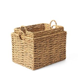 Artera Oversize Wicker Storage Basket - Set of 2, XL Natural Woven Floor Baskets for Blankets, Huge Rectangular Hyacinth Basket with Handles for Living Room, Bed Room & Laundry Room. (Water Hyacinth)