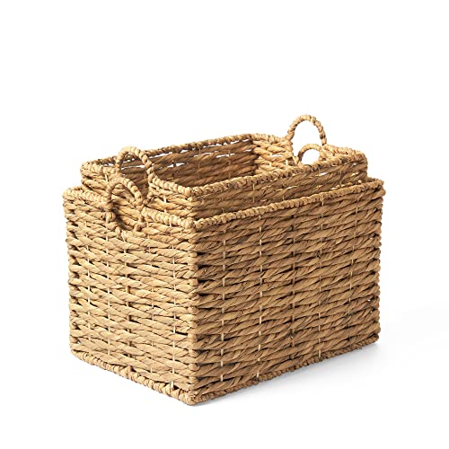 Artera Oversize Wicker Storage Basket - Set of 2, XL Natural Woven Floor Baskets for Blankets, Huge Rectangular Hyacinth Basket with Handles for Living Room, Bed Room & Laundry Room. (Water Hyacinth)