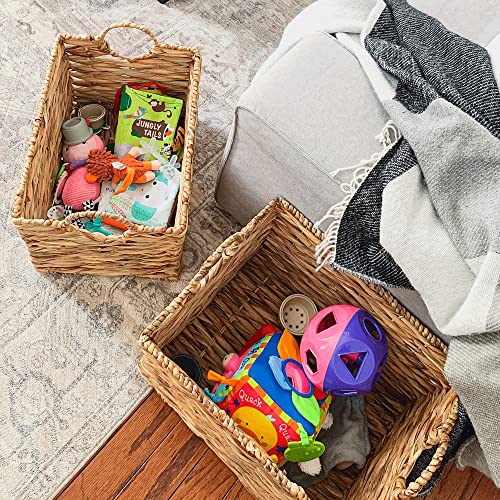 Artera Oversize Wicker Storage Basket - Set of 2, XL Natural Woven Floor Baskets for Blankets, Huge Rectangular Hyacinth Basket with Handles for Living Room, Bed Room & Laundry Room. (Water Hyacinth)