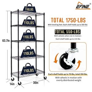 EFINE 5-Shelf Shelving Units and Storage on 3'' Wheels with 5-Shelf Liners, NSF Certified, Adjustable Heavy Duty Carbon Steel Wire Shelving Unit (30W x 14D x 63.7H) Pole Diameter 1 Inch