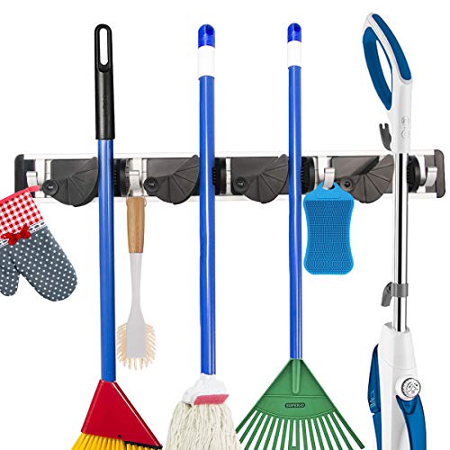 Mop Broom Holder Wall Mount, Metal Broom Organizer Storage Rooms Garage Garden Kitchen Tool Clean Tools Organizer Non-slip Wall Hanger(4 Adjustable Slots & 4 Hooks, Black)