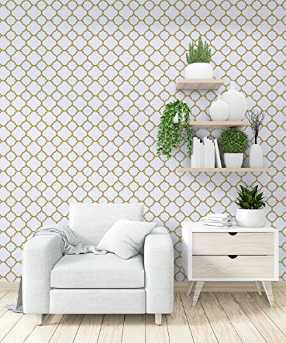 Feisoon 17.7" ｘ118 White and Gold Trellis Wallpaper Peel and Stick Trellis Contact Paper Removable Wallpaper Self Adhesive Wallpaper Modern Trellis Wallpaper for Wall Furniture Decor Vinyl Roll