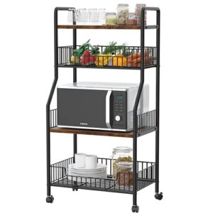 kitchen baker's rack microwave stand cart on wheels with large metal baskets, utility storage shelf rolling cart fruit vegetable kitchen organizer rack 4 tier shelves multipurpose organizer shelf