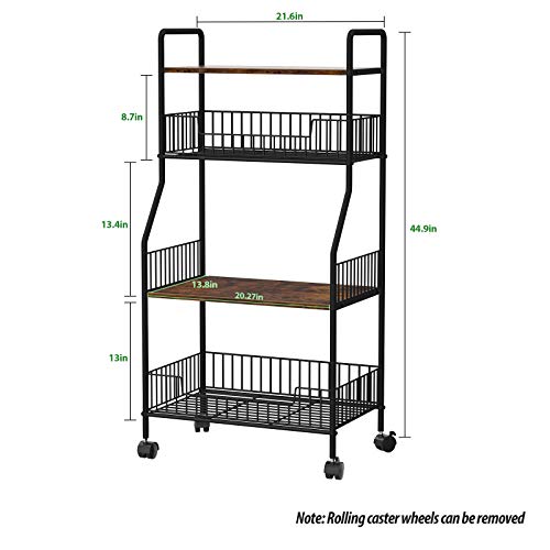 Kitchen Baker's Rack Microwave Stand Cart on Wheels with Large Metal Baskets, Utility Storage Shelf Rolling Cart Fruit Vegetable Kitchen Organizer Rack 4 Tier Shelves Multipurpose Organizer Shelf