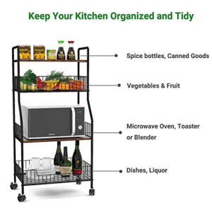 Kitchen Baker's Rack Microwave Stand Cart on Wheels with Large Metal Baskets, Utility Storage Shelf Rolling Cart Fruit Vegetable Kitchen Organizer Rack 4 Tier Shelves Multipurpose Organizer Shelf