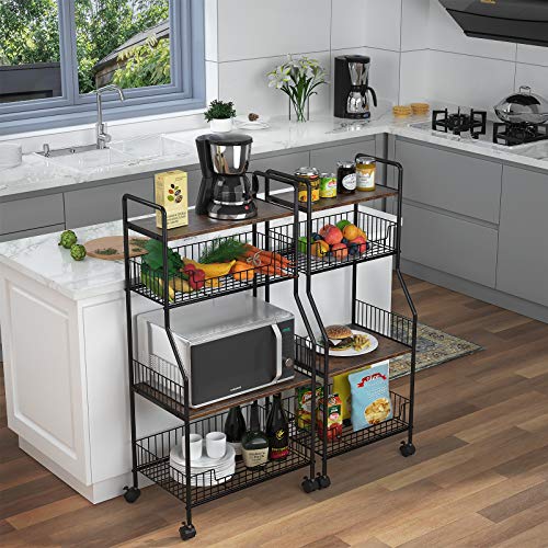 Kitchen Baker's Rack Microwave Stand Cart on Wheels with Large Metal Baskets, Utility Storage Shelf Rolling Cart Fruit Vegetable Kitchen Organizer Rack 4 Tier Shelves Multipurpose Organizer Shelf