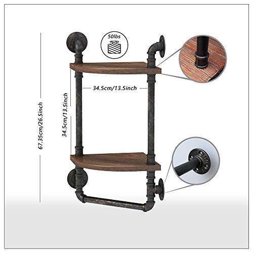 MCleanPin Industrial Pipe Corner Shelves,Rustic Wall Mount Corner Bathroom Shelf 2-Tiers Towel Racks with Towel Bar, DIY Open Bookshelves,Metal Hung Bracket Bookcase, Real Wood Storage Shelving