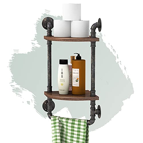 MCleanPin Industrial Pipe Corner Shelves,Rustic Wall Mount Corner Bathroom Shelf 2-Tiers Towel Racks with Towel Bar, DIY Open Bookshelves,Metal Hung Bracket Bookcase, Real Wood Storage Shelving