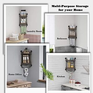 MCleanPin Industrial Pipe Corner Shelves,Rustic Wall Mount Corner Bathroom Shelf 2-Tiers Towel Racks with Towel Bar, DIY Open Bookshelves,Metal Hung Bracket Bookcase, Real Wood Storage Shelving