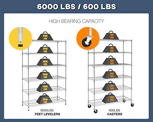 BestOffice 18x48x72 ​Wire Shelving with Commercial Wheels 6-Shelf Adjustable Heavy Duty Storage Shelves Metal Shelves Storage Unit Shelf,6000 LBS (Chrome)