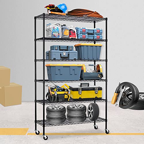 Heavy Duty Storage Shelving Unit w/Wheels, Commercial Steel Organizer Wire Shelving Rack, Adjustable Utility Storage Shelves or Garage, Kitchen 48" W x 18" D x 82" H, 2100 LBS Black (With Wheels))