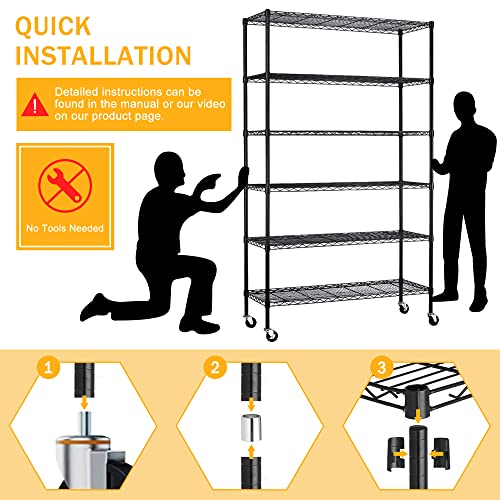 Heavy Duty Storage Shelving Unit w/Wheels, Commercial Steel Organizer Wire Shelving Rack, Adjustable Utility Storage Shelves or Garage, Kitchen 48" W x 18" D x 82" H, 2100 LBS Black (With Wheels))