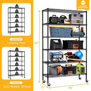 Heavy Duty Storage Shelving Unit w/Wheels, Commercial Steel Organizer Wire Shelving Rack, Adjustable Utility Storage Shelves or Garage, Kitchen 48" W x 18" D x 82" H, 2100 LBS Black (With Wheels))