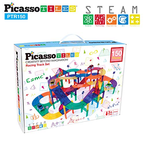 PicassoTiles 150 Piece Race Car Track Building Block Educational Toy Set Magnet Tile Magnetic Blocks Playset 4 Cars Early STEM Learning Construction Kit Hand-Eye Fine Motor Skill Brain Training PTR150