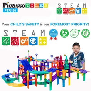 PicassoTiles 150 Piece Race Car Track Building Block Educational Toy Set Magnet Tile Magnetic Blocks Playset 4 Cars Early STEM Learning Construction Kit Hand-Eye Fine Motor Skill Brain Training PTR150