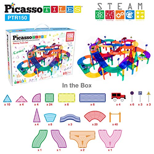 PicassoTiles 150 Piece Race Car Track Building Block Educational Toy Set Magnet Tile Magnetic Blocks Playset 4 Cars Early STEM Learning Construction Kit Hand-Eye Fine Motor Skill Brain Training PTR150