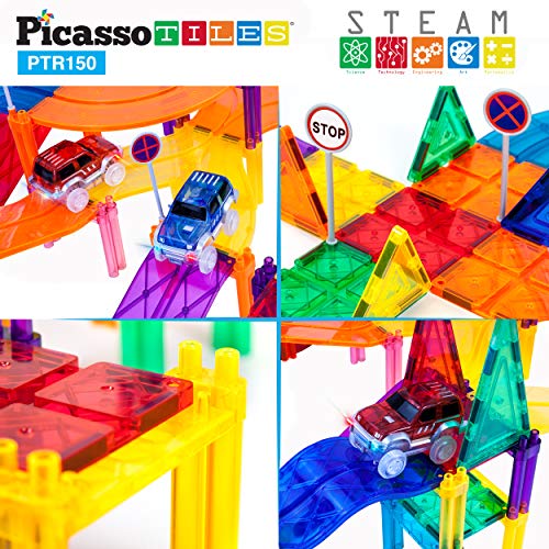 PicassoTiles 150 Piece Race Car Track Building Block Educational Toy Set Magnet Tile Magnetic Blocks Playset 4 Cars Early STEM Learning Construction Kit Hand-Eye Fine Motor Skill Brain Training PTR150