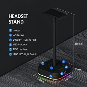 GAMENOTE RGB Headphone Stand & Power Strip 2 in 1 Desk Gaming Headset Holder with 3 USB Charging Ports & 3 Power Outlets Headphones Hanger Accessories for Desktop Gamer