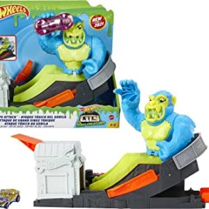 Hot Wheels Toxic Ape Attack Play Set for Kids 4 to 8 Years Old, Launch Included Car at Moving Purple Ape to Defeat It Before It Knocks Cars Off The Track & Destroys Garage