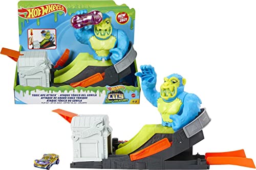 Hot Wheels Toxic Ape Attack Play Set for Kids 4 to 8 Years Old, Launch Included Car at Moving Purple Ape to Defeat It Before It Knocks Cars Off The Track & Destroys Garage