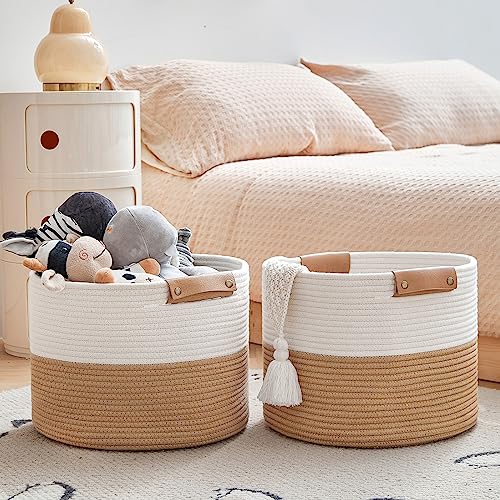 R RUNKA 2 Pack Storage Basket 14" x 11", Soft Woven Shelf Baskets for Storage with Leather Handles,Organizer Basket Set for Laundry, Toys, Books and Baby Blankets