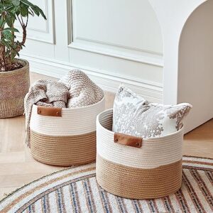 R RUNKA 2 Pack Storage Basket 14" x 11", Soft Woven Shelf Baskets for Storage with Leather Handles,Organizer Basket Set for Laundry, Toys, Books and Baby Blankets